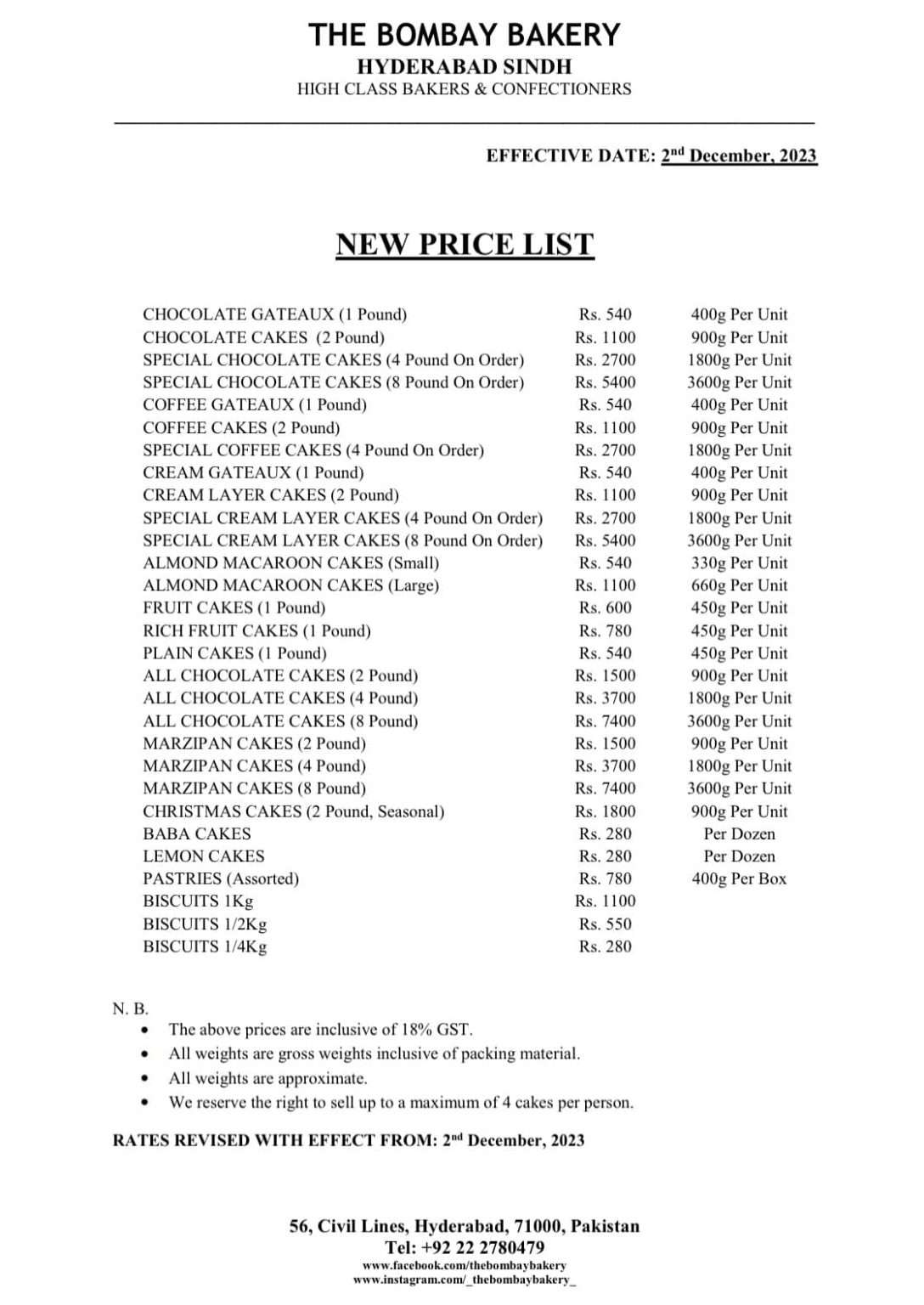 Hyderabad Bombay Bakery Cakes Price List by Weight and Pound