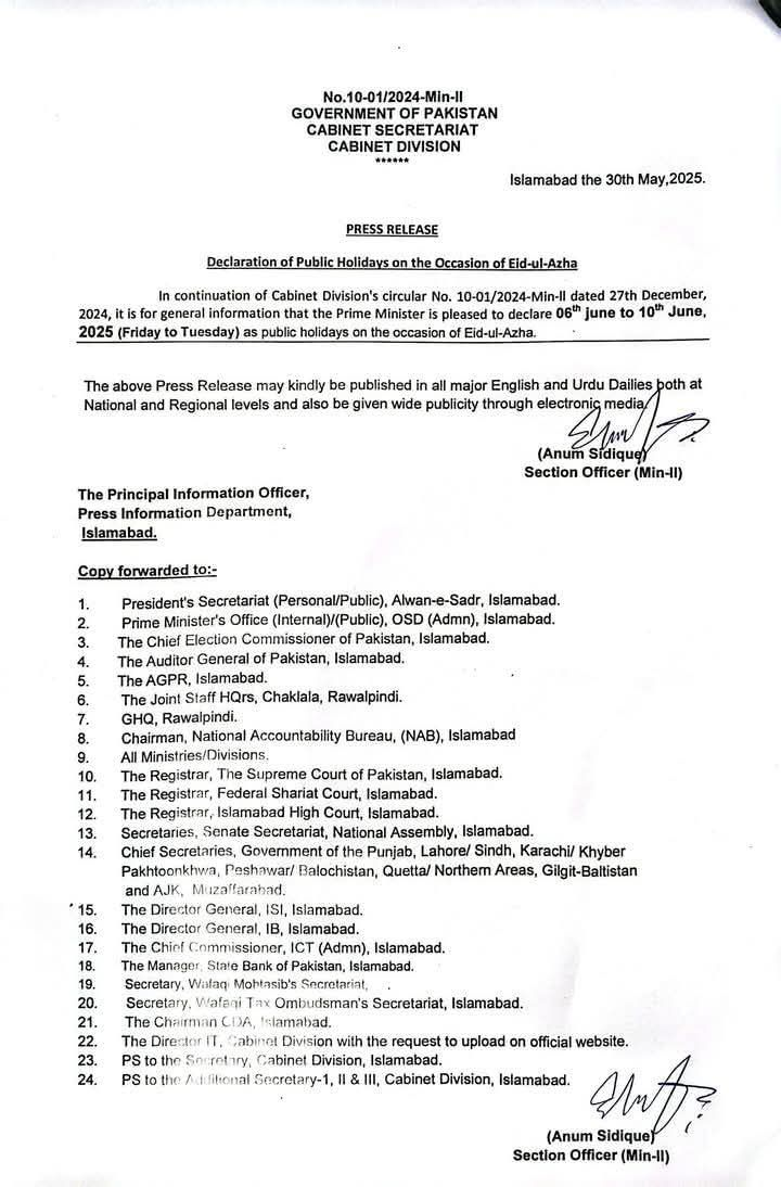 Eid ul Adha 2025 Holidays in Pakistan Announced by Government – Four ...